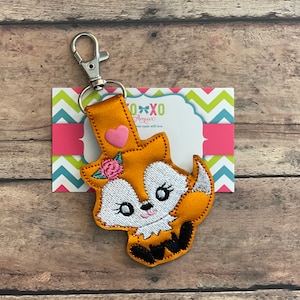 Fox Key Chain, Red Fox Snap Tab, Embroidered Key Chain, Girly Fox Key ...