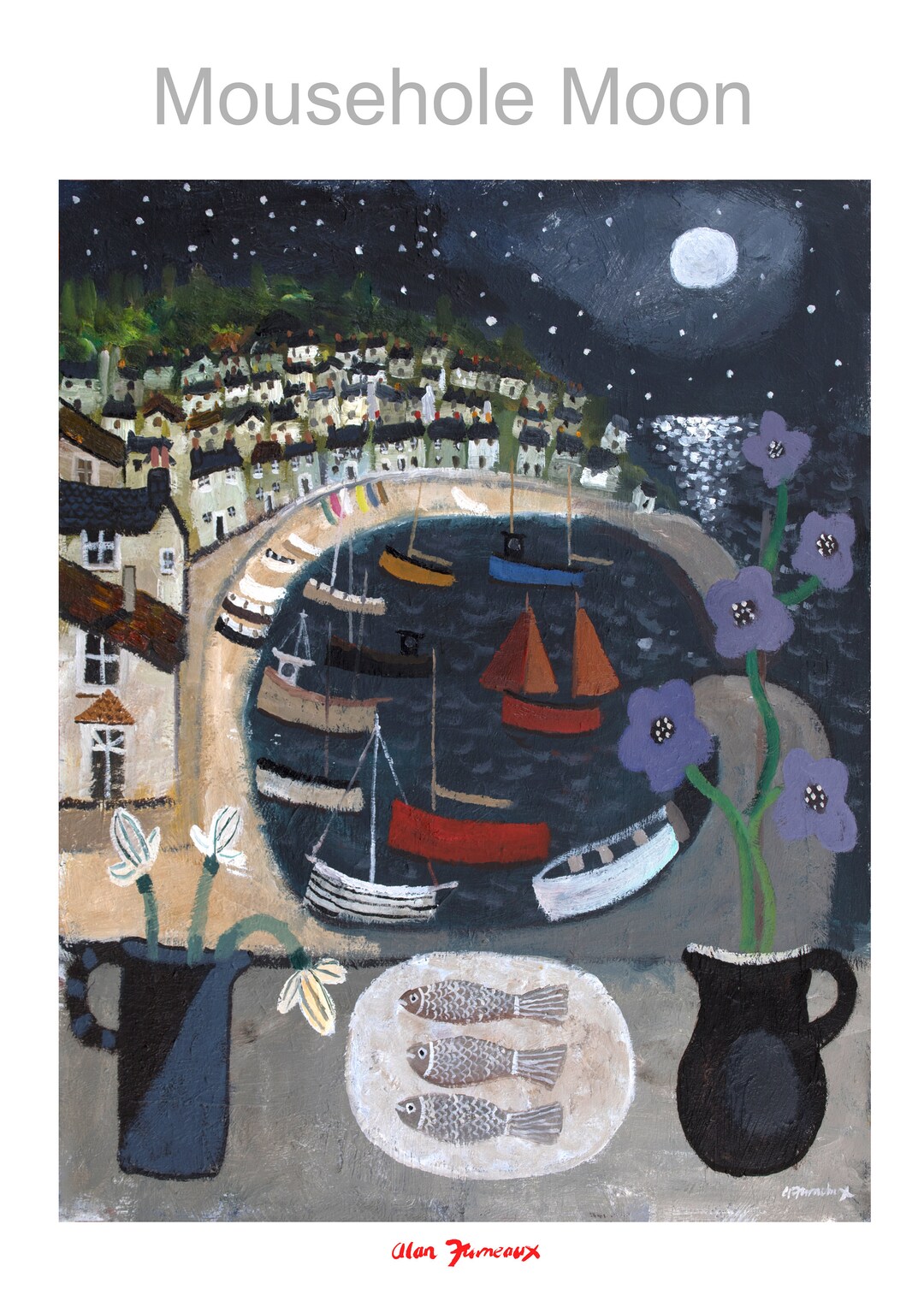 MOUSEHOLE MOON. Artist High Gloss Poster/ Print of Cornish Harbour Town ...