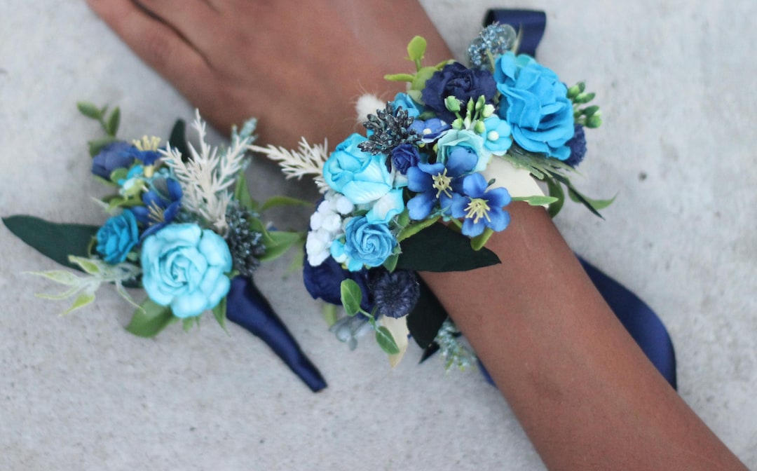 Navy Blue Prom Flower Wrist Corsage Aqua and White - Etsy