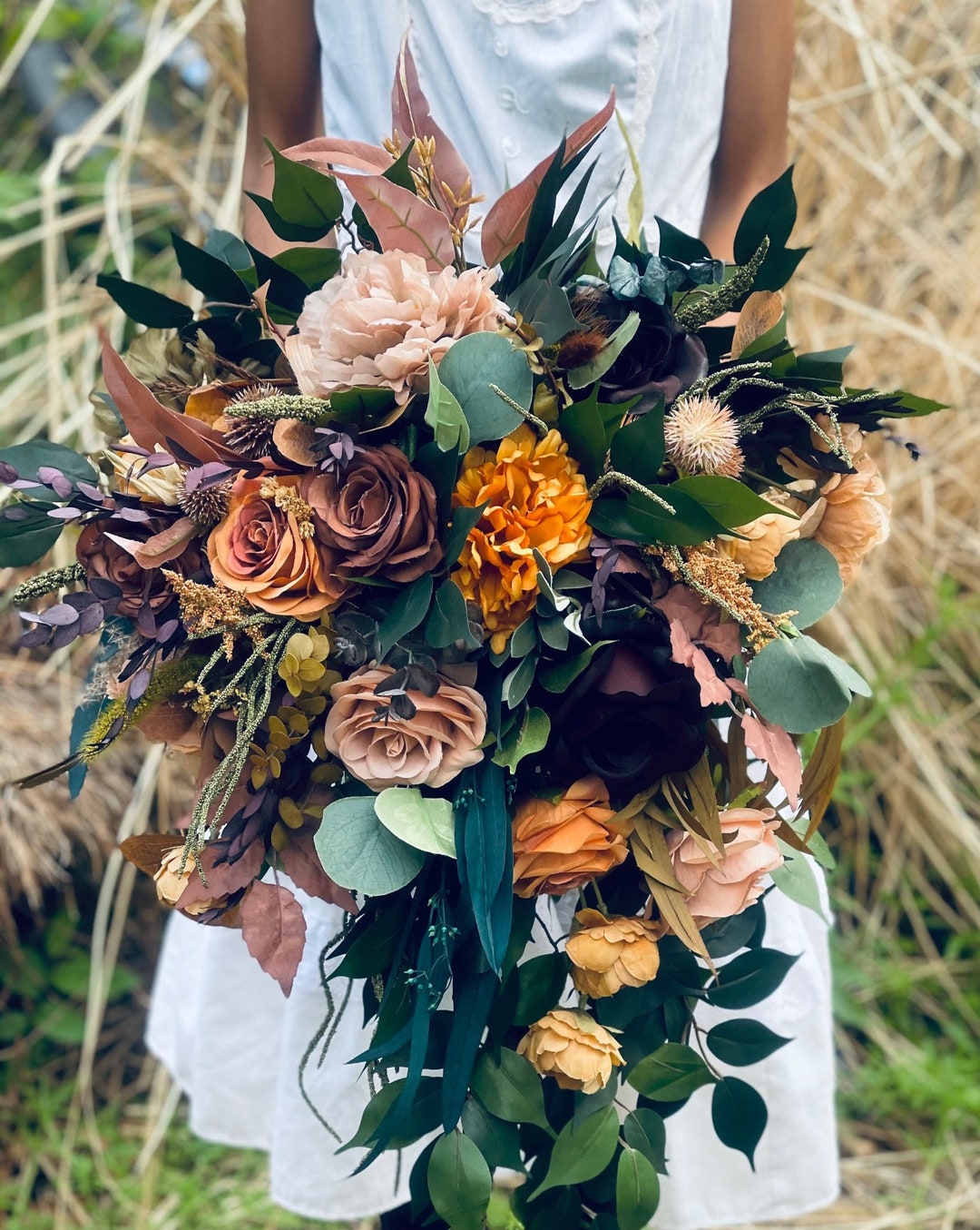Rust Orange Champagne Cascade Wedding Bouquet, Faux Silk Boho Fall ...