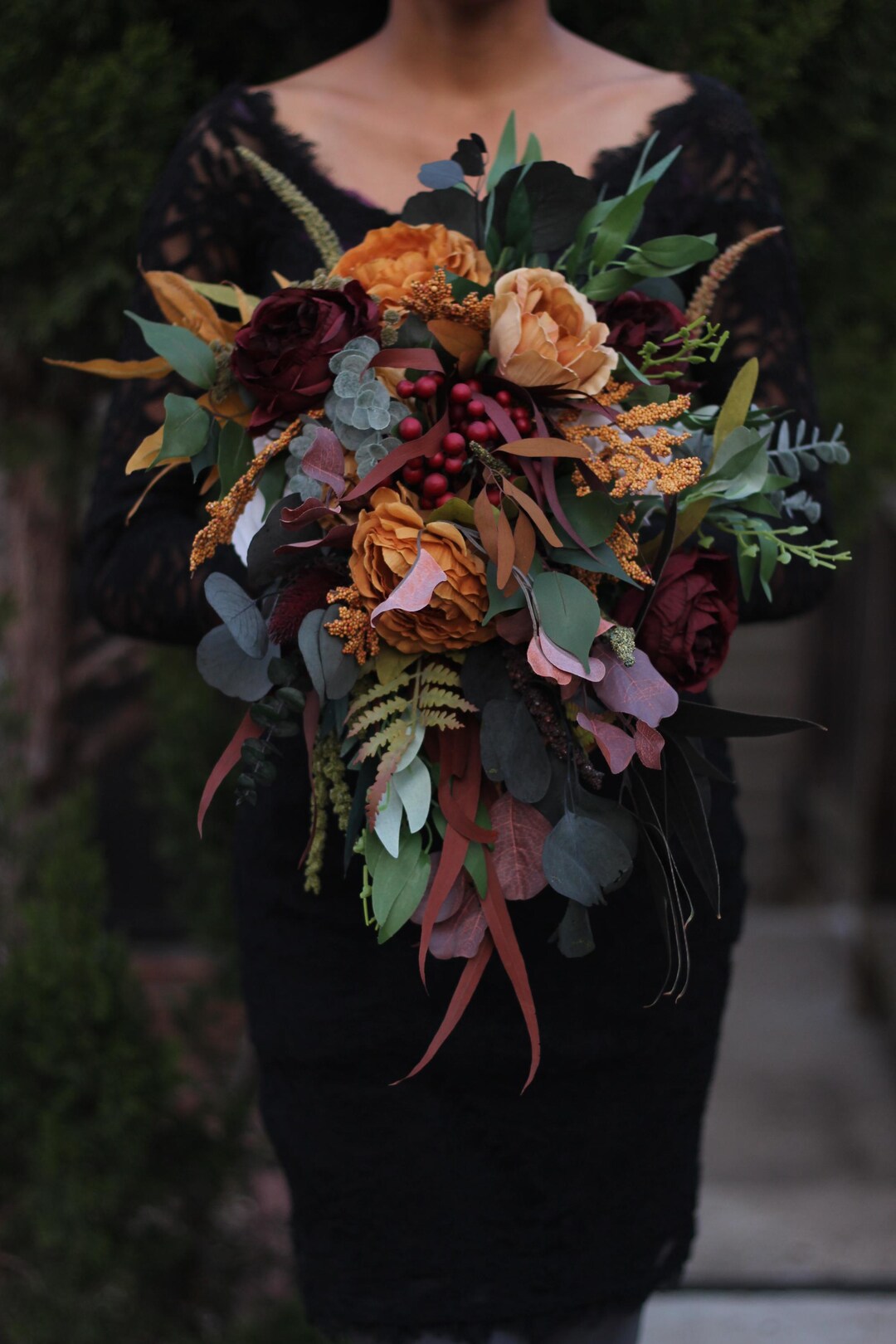 Burgundy Rust Red Fall Cascading Bouquet | Moody Autumn Wedding Flowers ...