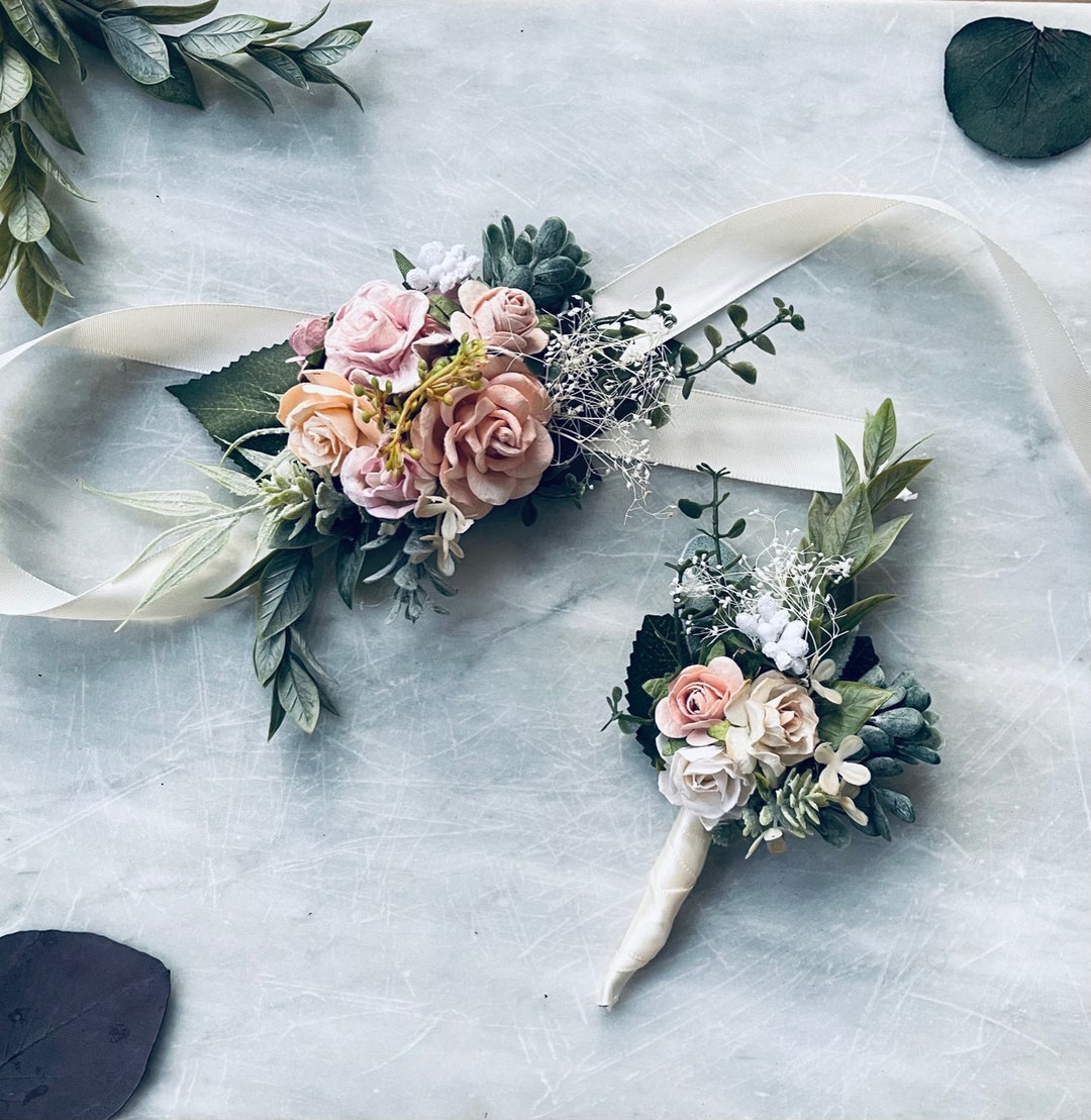 Corsage Prom Set Blush Pink White Flower Boutonniere - Etsy