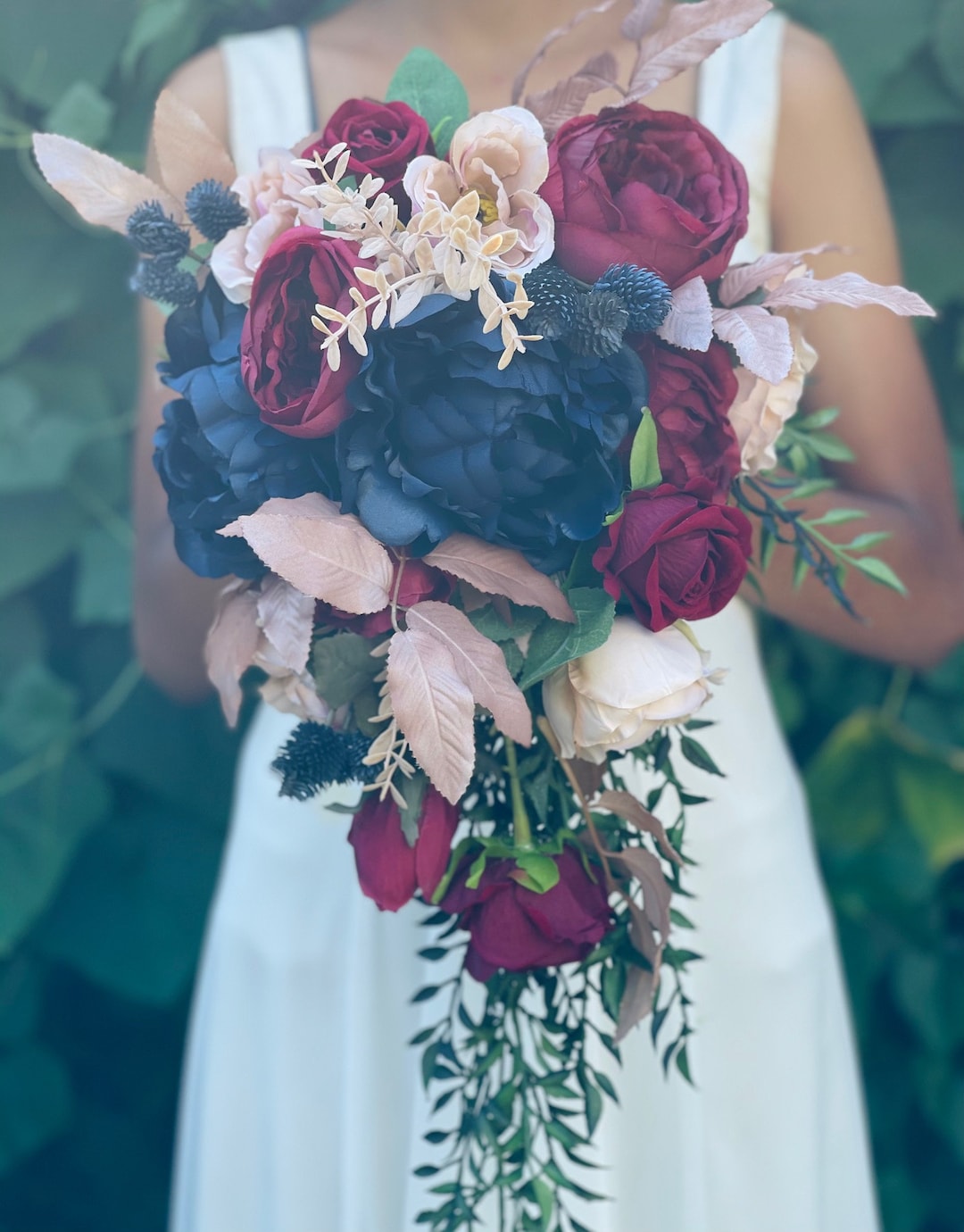 Burgundy Red Navy Blue Cascading Bouquet Beige Bridal Bouquet Faux Silk ...