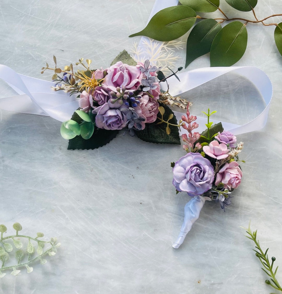Purple Gold Lilac Corsage and Boutonniere Set, Flower Wrist Corsage ...