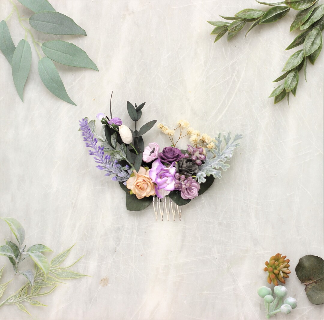 Deep Purple Lavender Lilac Floral Hair Comb, Dried Babies Breath Hair ...
