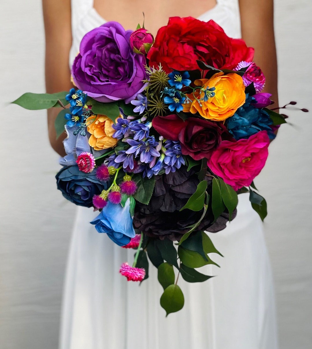 Fuchsia Orange Teal Jewel Tone Bouquet, Spring Bouquet Purple Red Blue ...