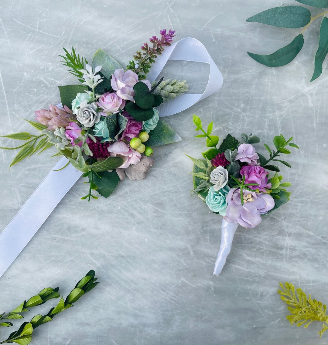 Lilac Mint Magenta Flower Prom Corsage and Boutionierre Set Purple ...