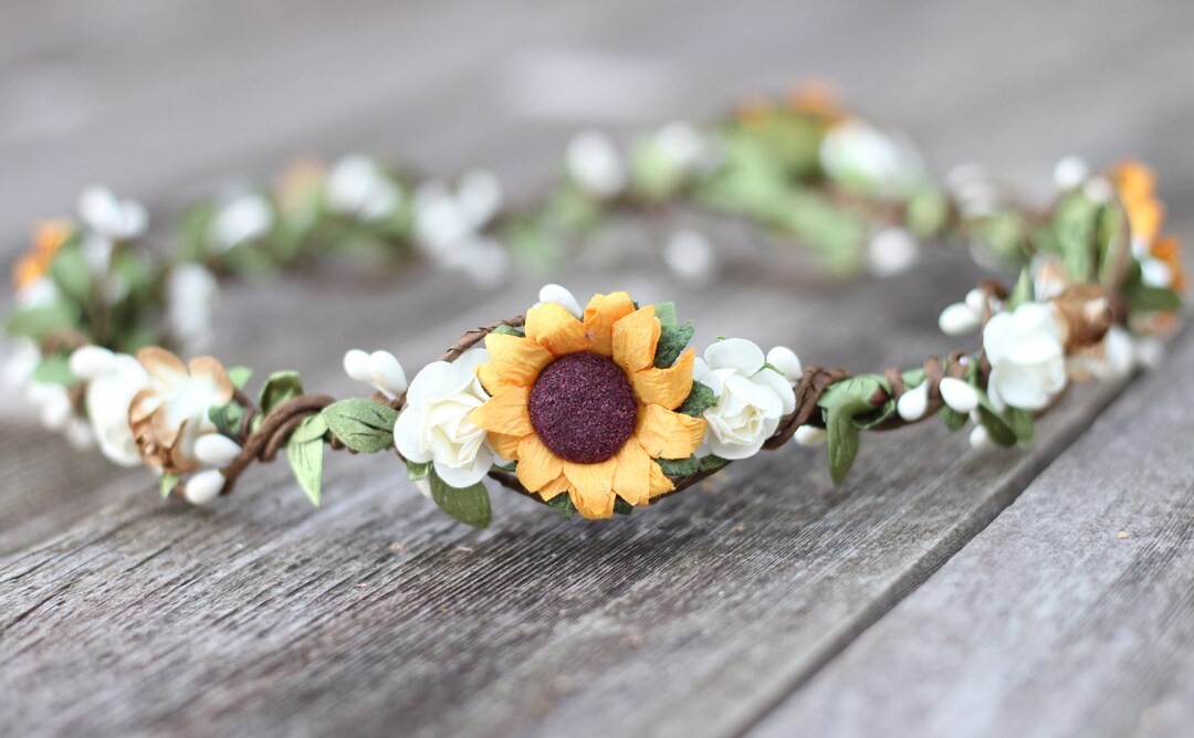 Sunflower Floral Crown, Ivory Greenery Wedding Flower Crown, Boho ...