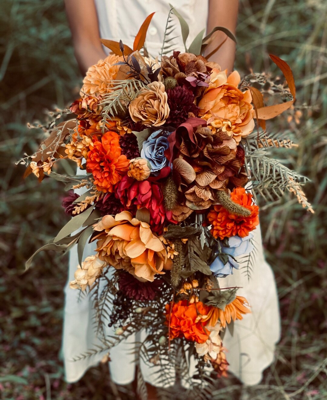 Cascading Bouquet Rust Brown Mustard Terracotta Blue Wedding Bouquet ...