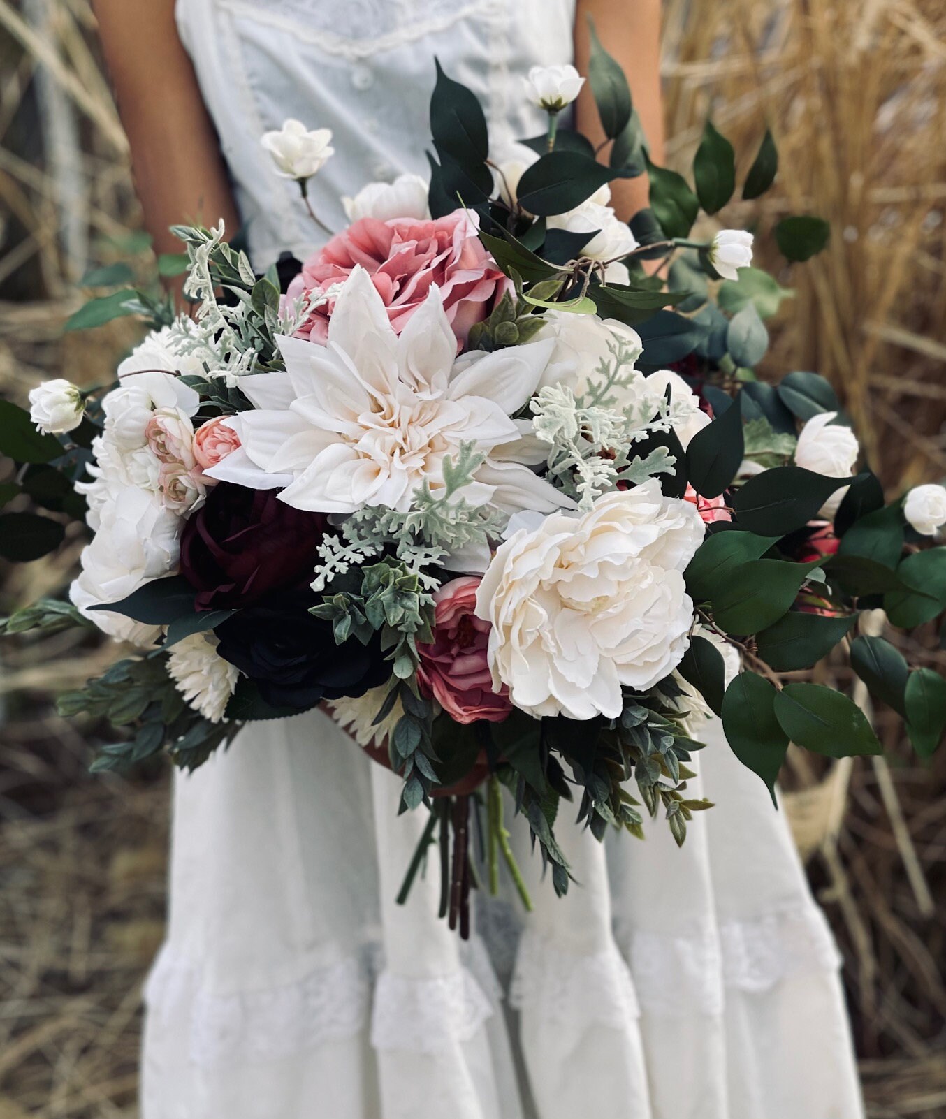 White Blush Mauve Cascading Flower Bouquet - Etsy