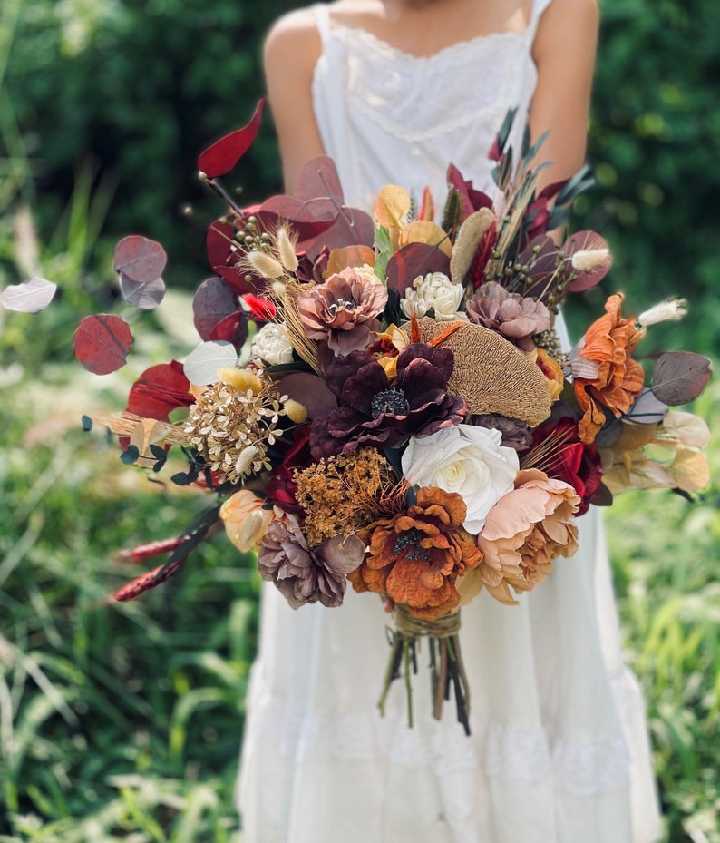 Boho bouquet burnt orange rust flowers Bridal artificial | Etsy