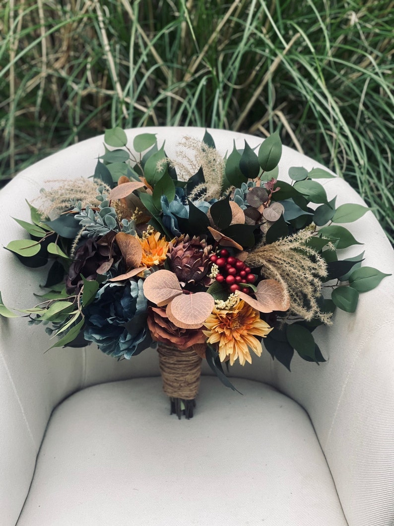 Teal Blue Rust Terracotta Brown Wedding Bouquet Faux Bouquet - Etsy