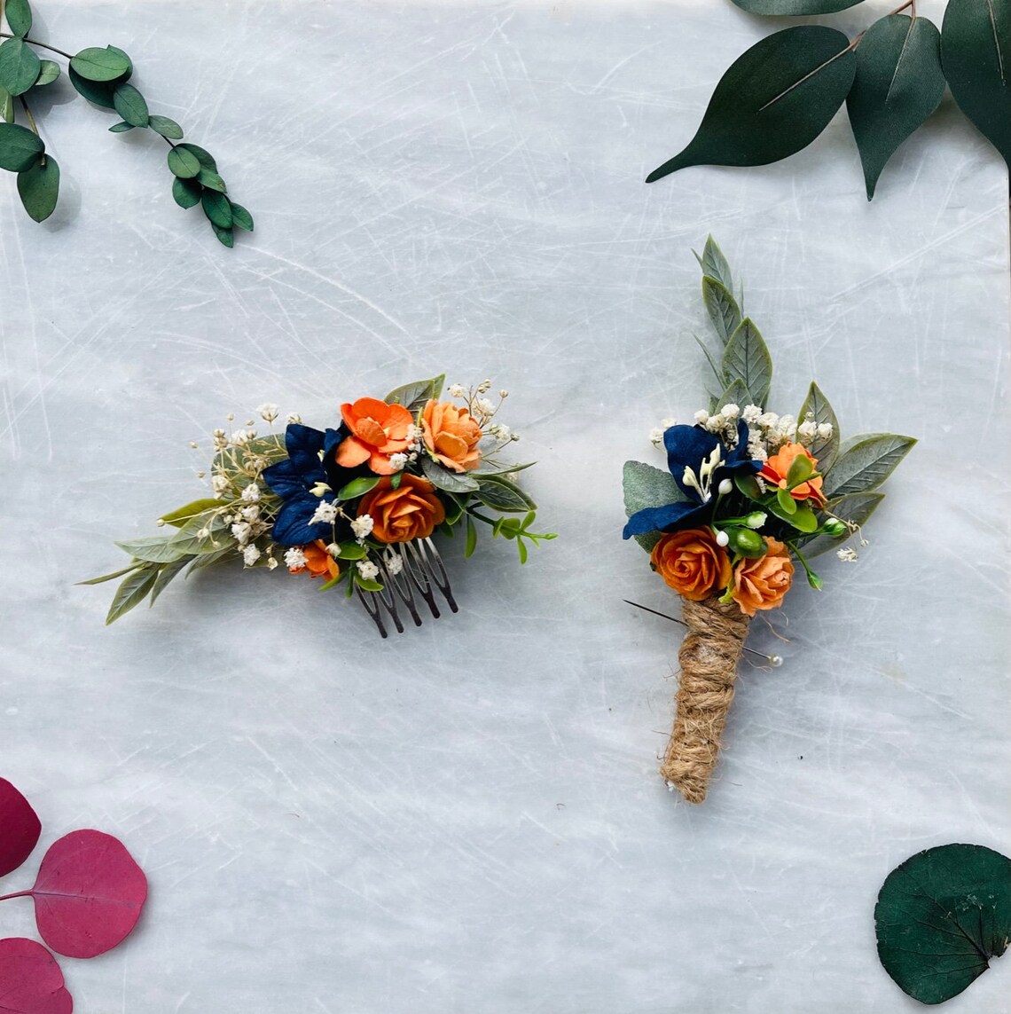 Corsage and Boutonniere Set Orange Navy Blue, Flower Wrist Corsage ...