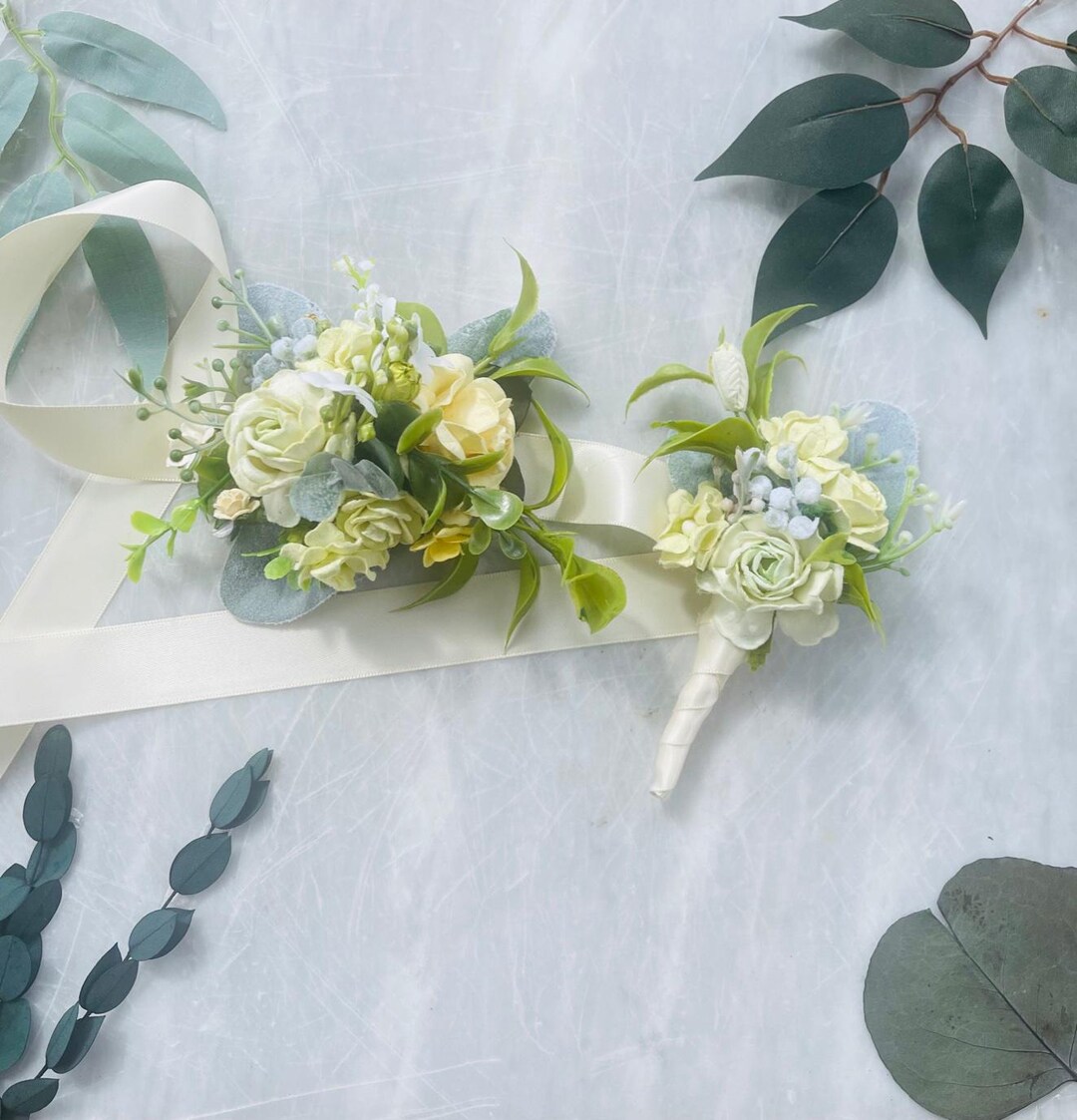Prom Corsage Green Sage Cream, Wedding Floral Wrist Corsage Boutonniere ...