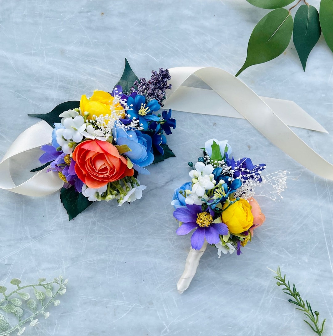 Wildflower Orange Yellow Blue Purple Wedding Corsage and Boutonniere ...