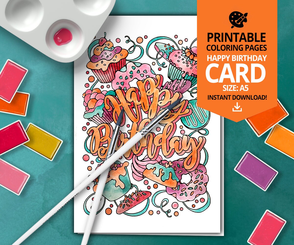 5 Printable happy Birthday Card Coloring Page - Etsy