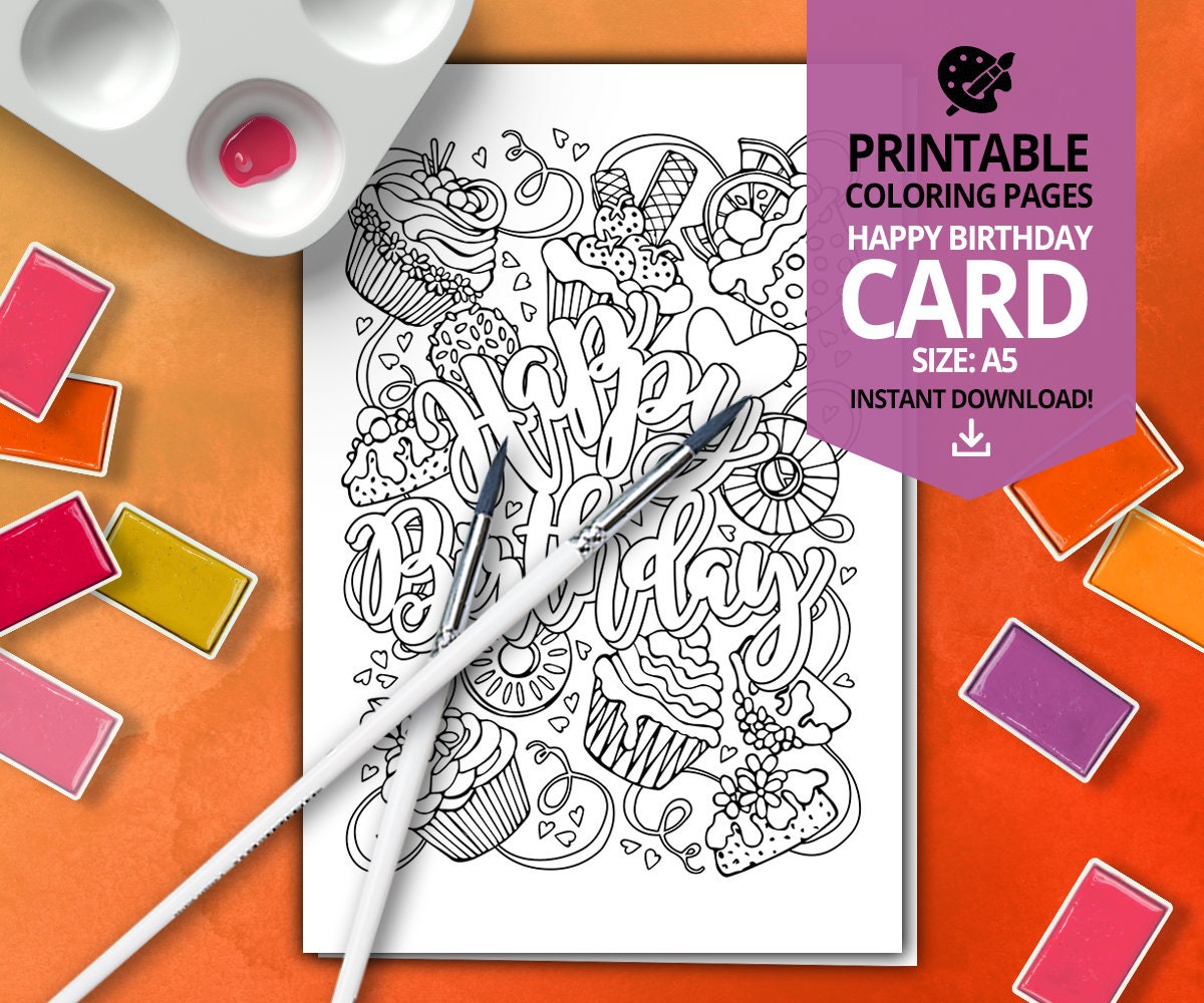 5 Printable "happy Birthday Card" Coloring Page Size: A5 Instant ...