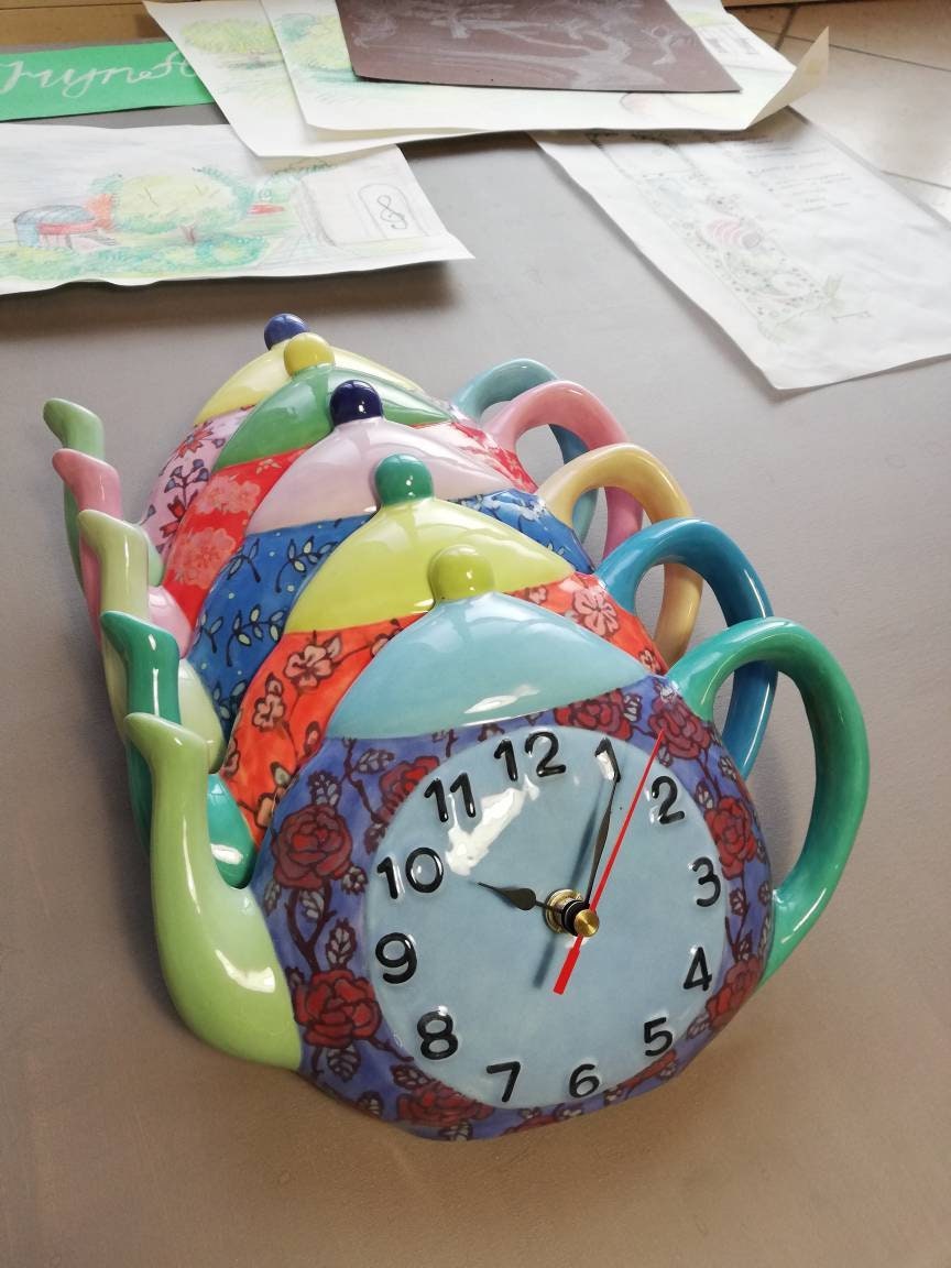 Teapot Clock "flora"; Country-style Ceramic Wall Clocks in 5 Floral ...
