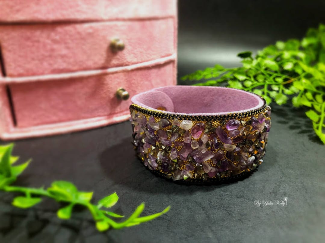Pulsera de cuero, pulsera morada, pulsera de cristal morado, pulsera de ...