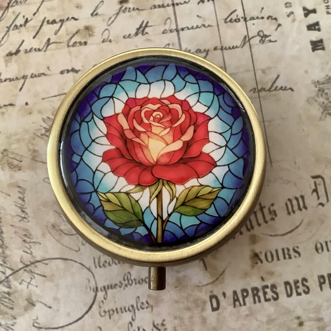 Ladies Pill Box Red Rose Antique Bronze Floral Trinket Case Round ...