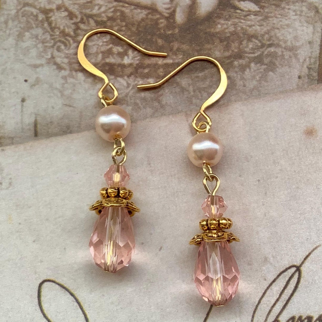 Vintage Blush Rose Teardrop Earrings: Pink Crystal & Pearl Dangles - Etsy