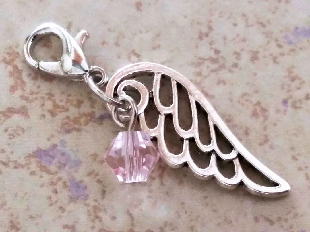 October Birthstone Angel Wing Charm: Pink Crystal, Tibetan Silver Clasp ...