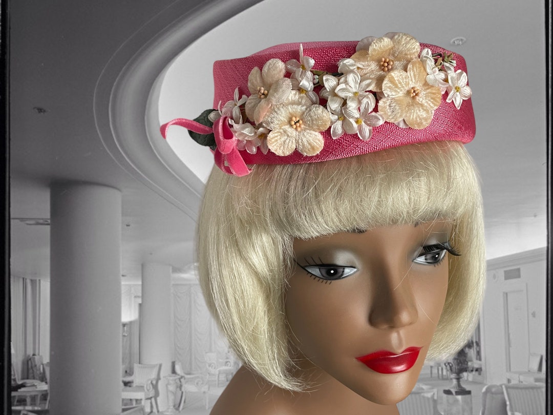 Vintage 1960s Pink Straw Pillbox Hat, Bright Pink With Flowers and Veil, 1960s Floral Hat, 1950s ...