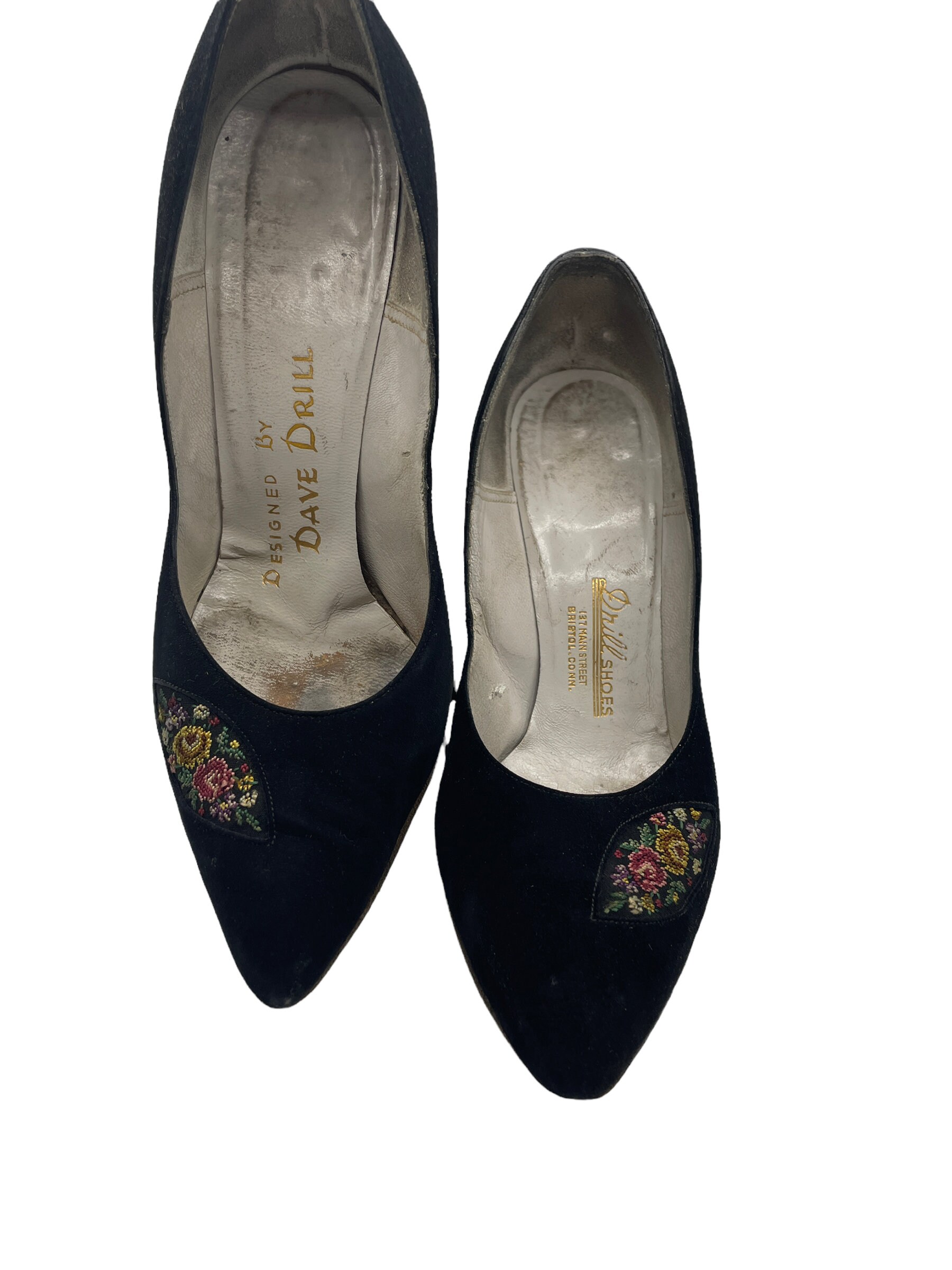 Vintage 1960s High Heels Black Suede With Needlepoint - Etsy