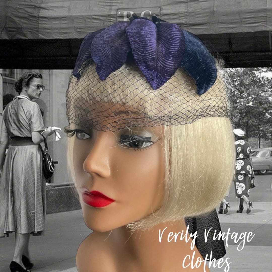 Vintage Floral Whimsy Hat, Navy Blue With a Veil, 1950s 1960 Flower ...