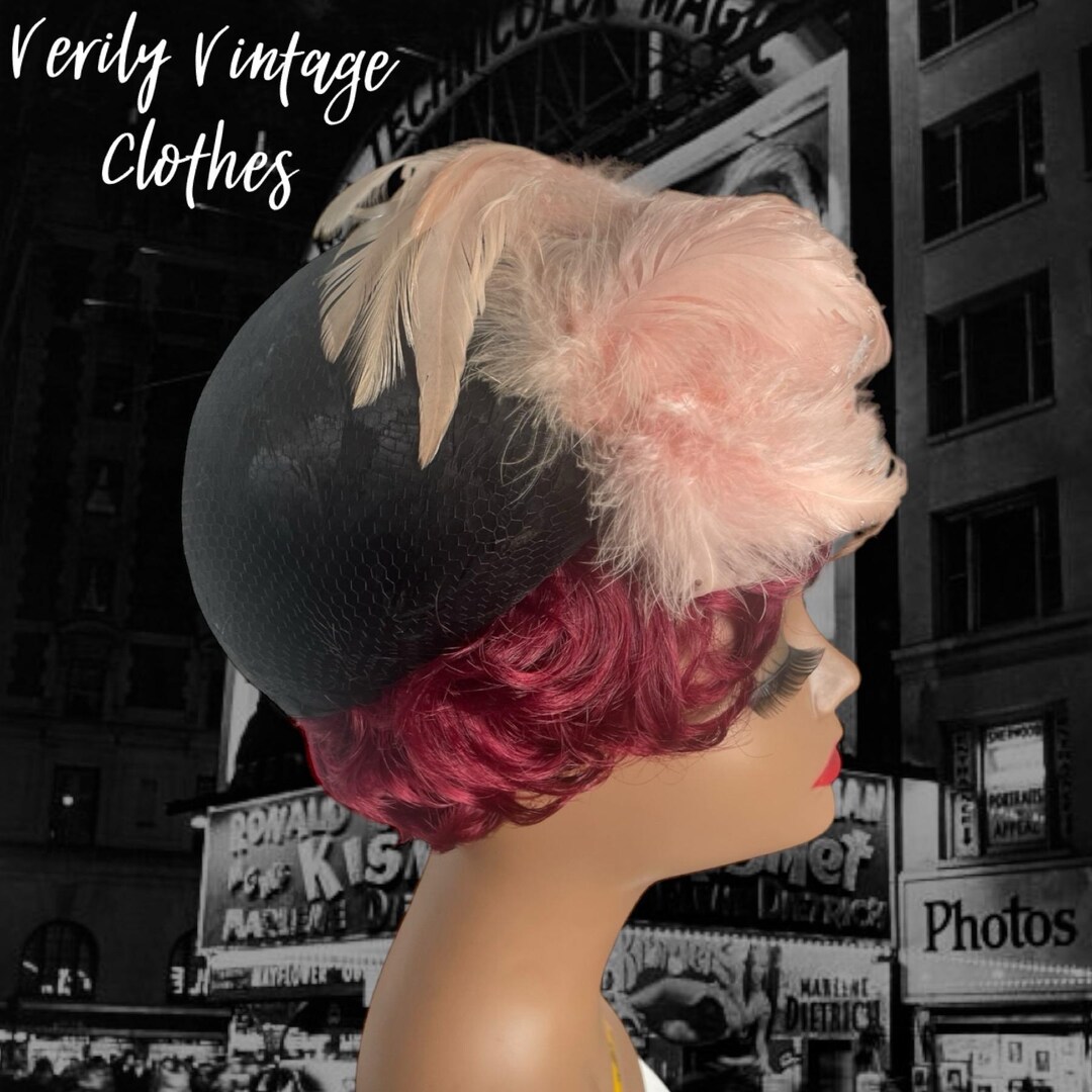 Vintage 1940s 1950s Juliet Cap With Feathers, Black Hat With Pink ...