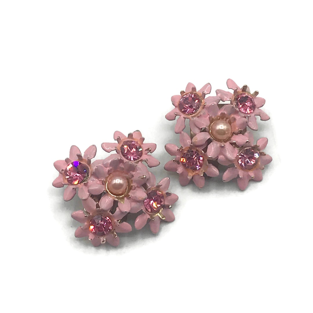 Vintage Pink Flower Clip on Earrings, Pink Rhinestones, Pearl Center ...