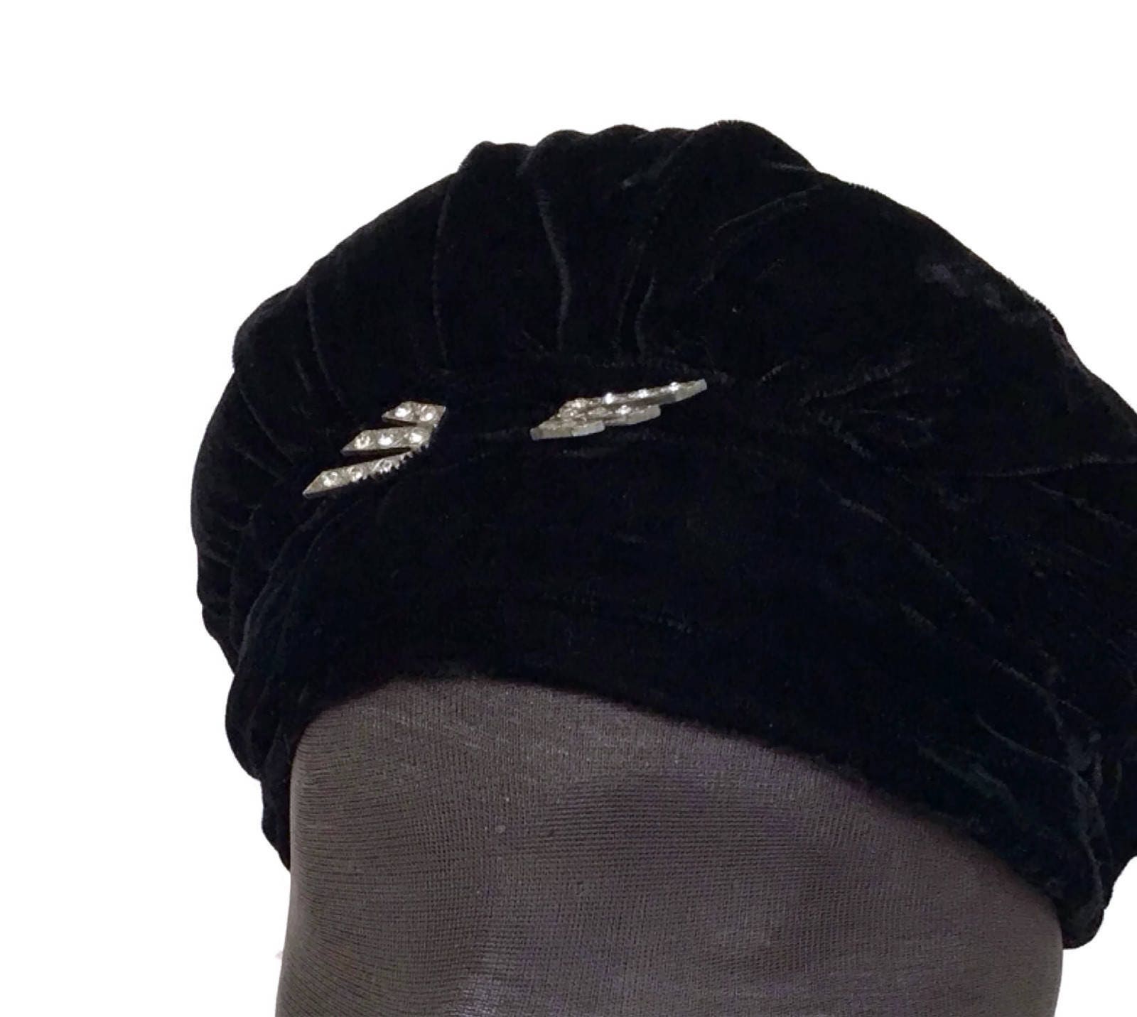 Vintage 40s Black Velvet Turban Rhinestone Clip Old Hollywood - Etsy