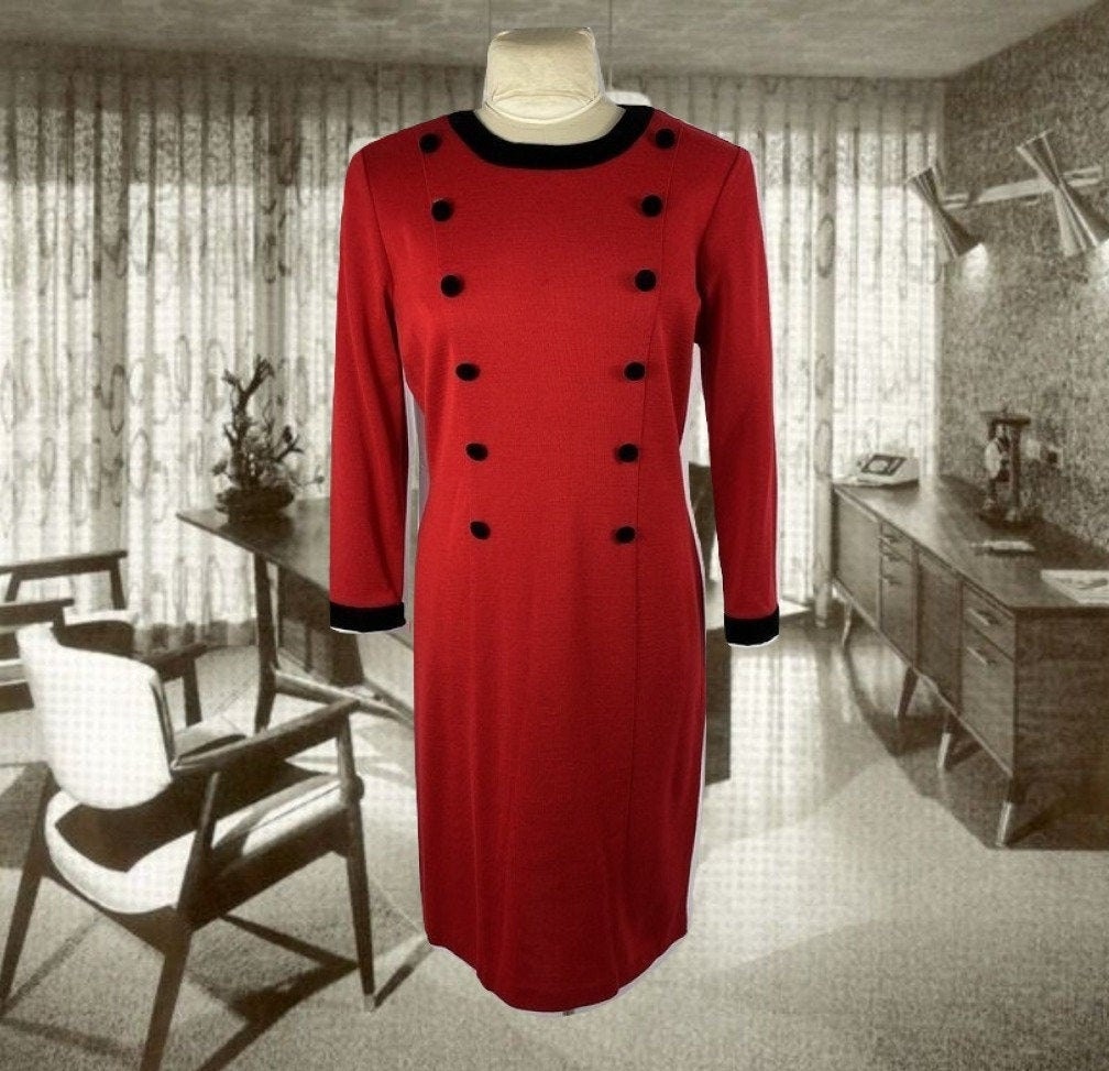 Vintage Red Dress with Black Velvet Buttons and Trim Knit | Etsy