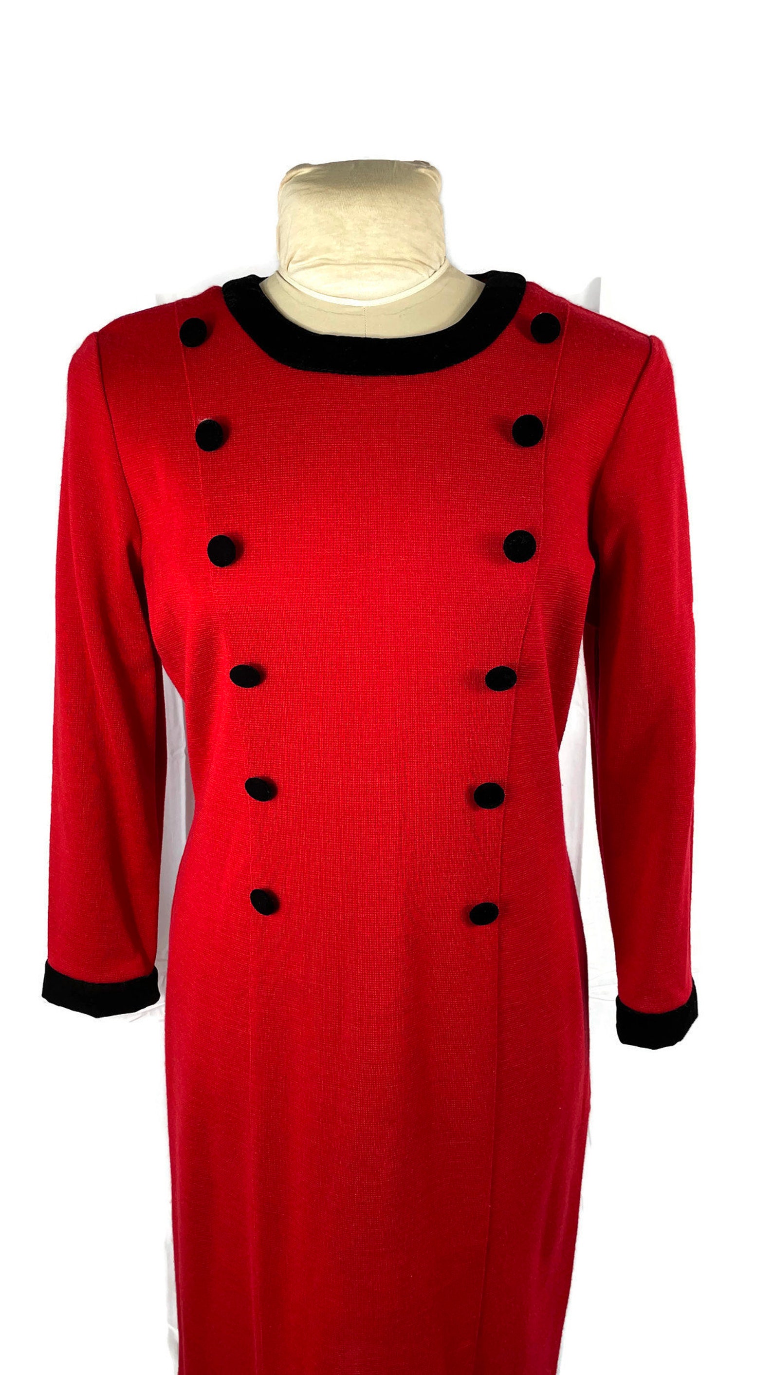 Vintage Red Dress with Black Velvet Buttons and Trim Knit | Etsy