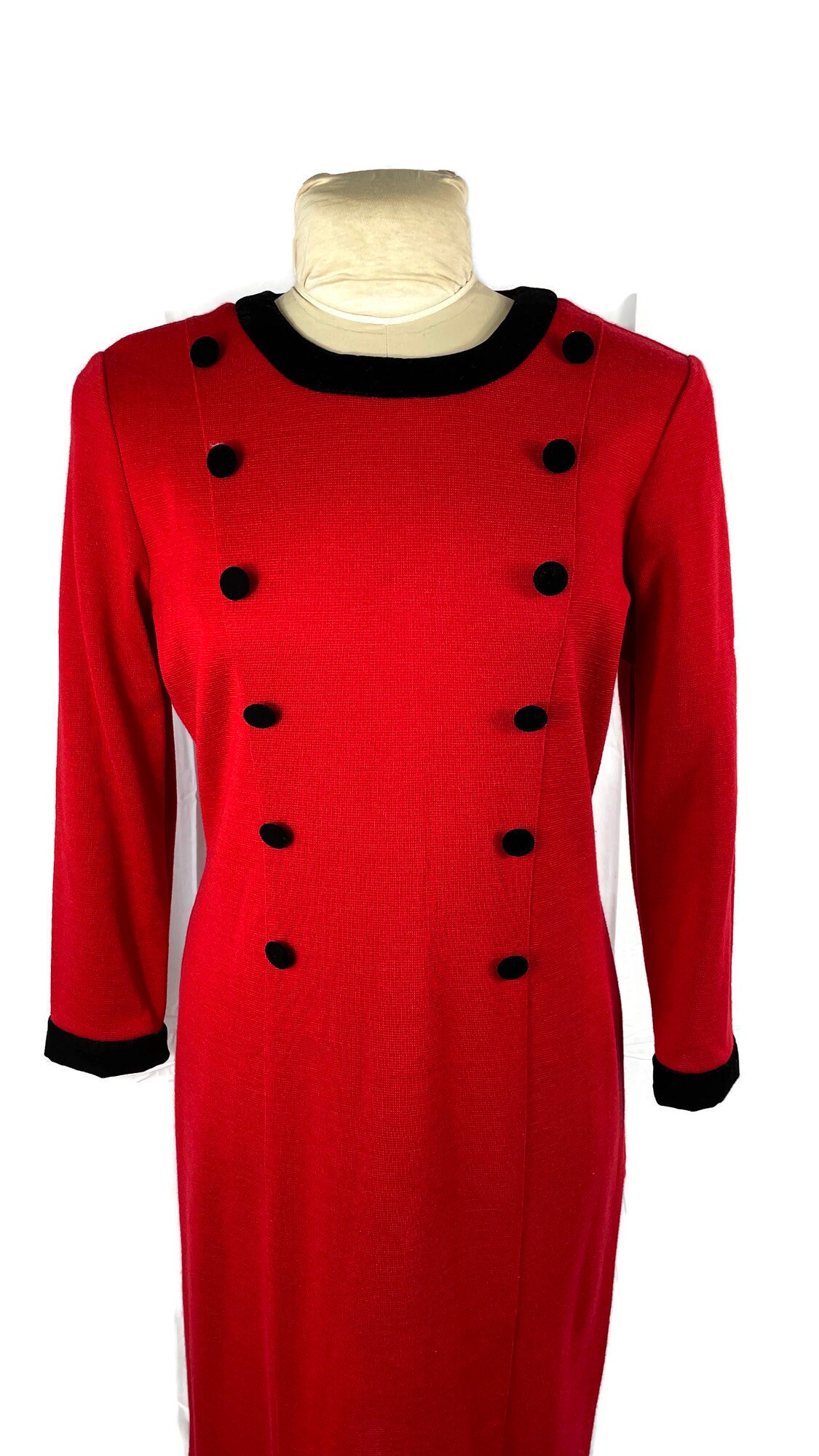 Vintage Red Dress with Black Velvet Buttons and Trim Knit | Etsy