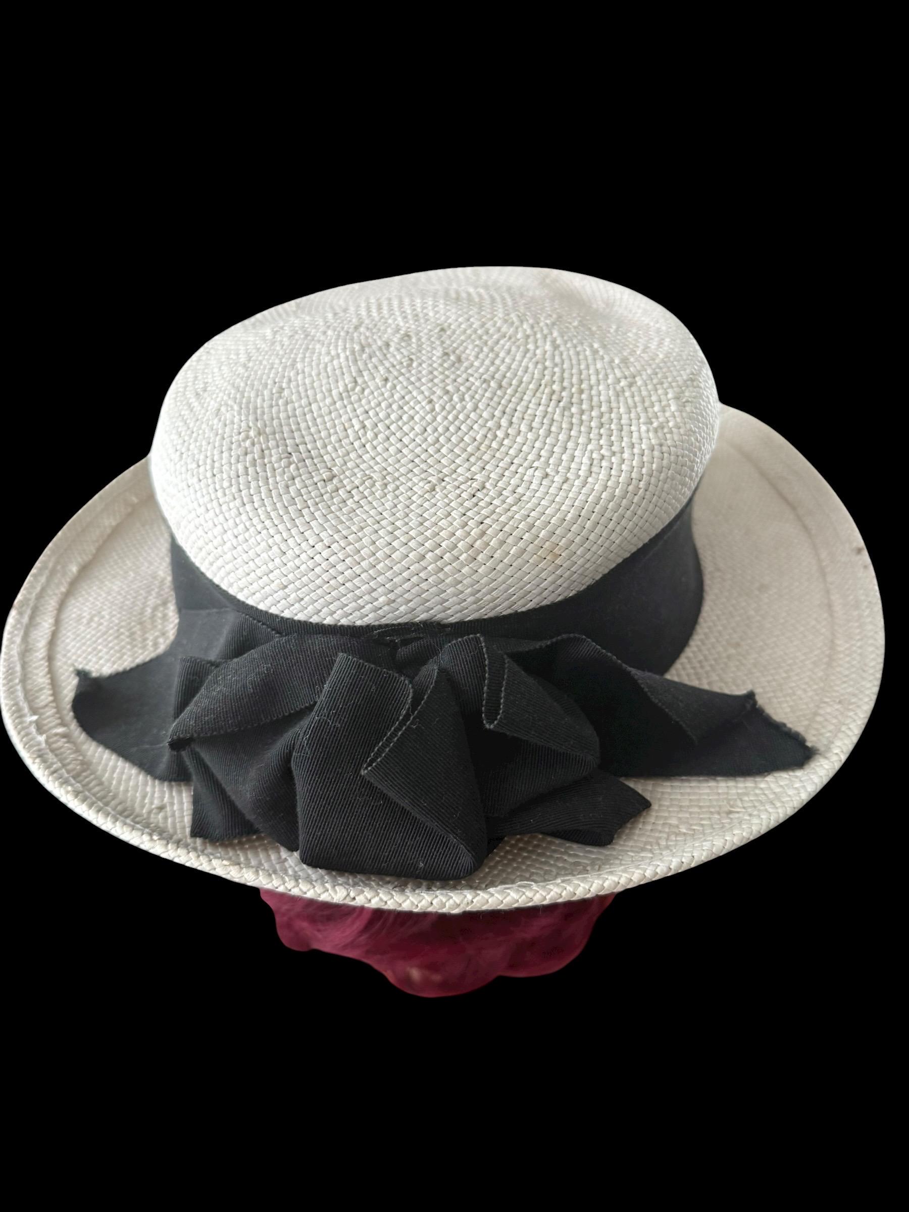 Vintage White Straw Boater Hat With Black Hatband and Bow, Brimmed Hats ...