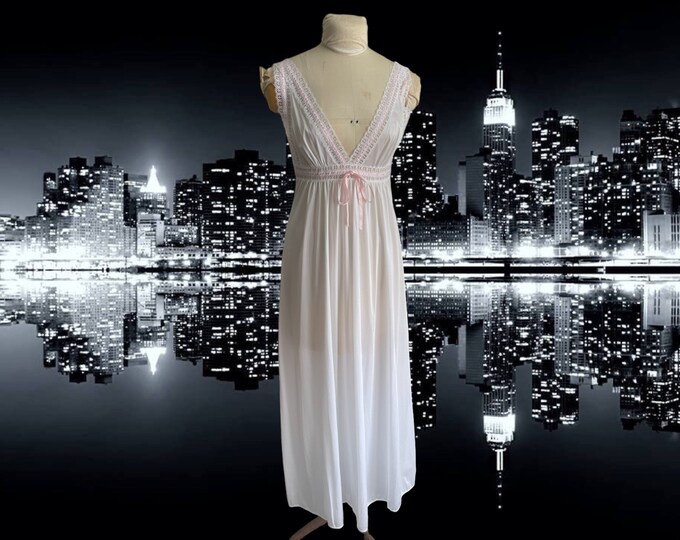 Vintage 1980s Enticements Lingerie, Long White Nylon Nightie, Eyelet ...