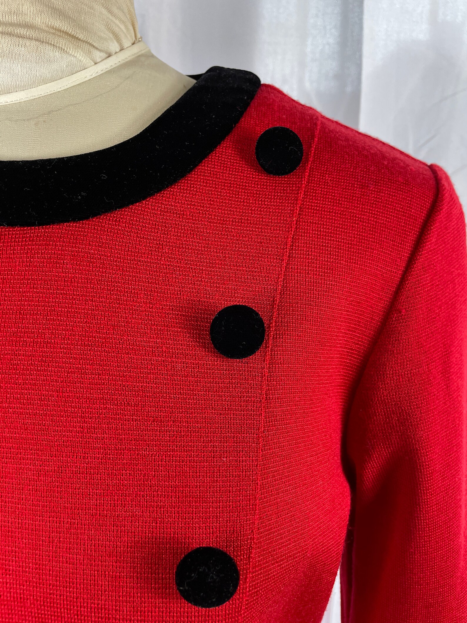 Vintage Red Dress with Black Velvet Buttons and Trim Knit | Etsy