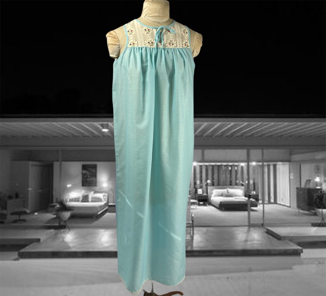 Vintage 1960s Lingerie Nightgown, Long Nightie, Aqua Blue, Lave Trimmed ...