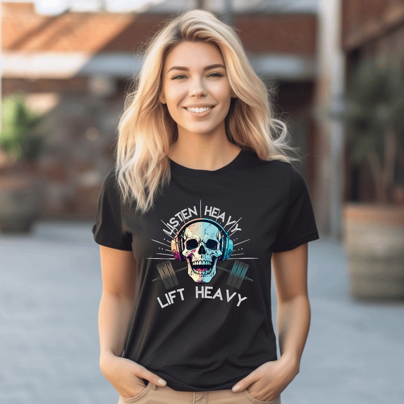 Listen Heavy Lift Heavy Skull Workout T-shirt Workout Bodybuilding ...