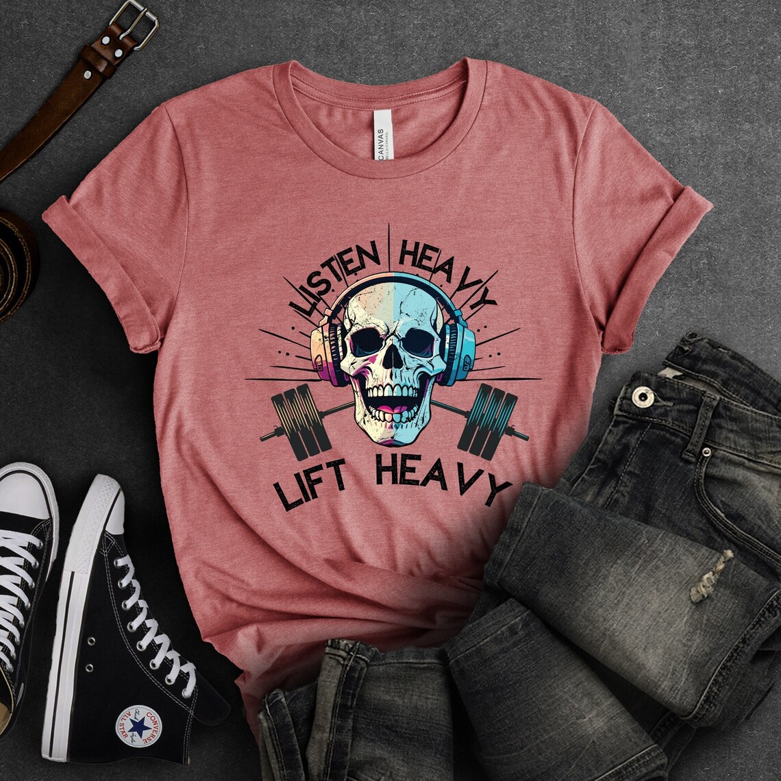 Listen Heavy Lift Heavy Skull Workout T-shirt Workout Bodybuilding ...