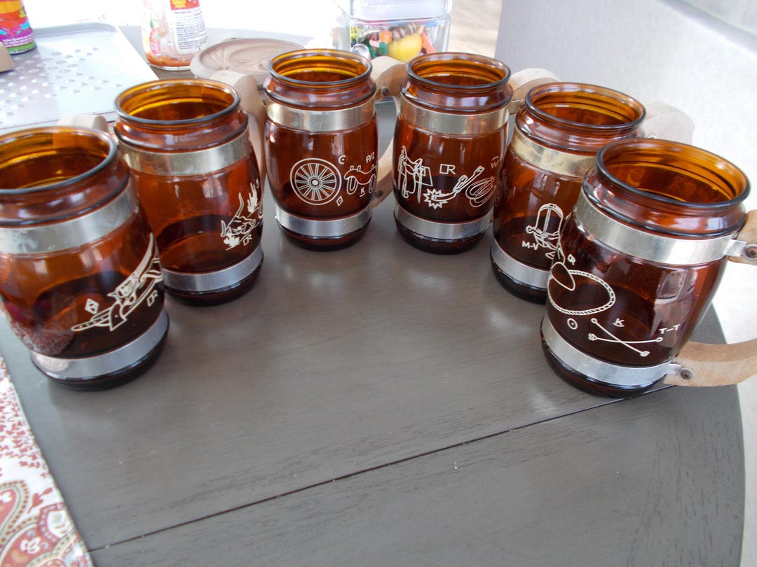 6 Vintage Siesta Ware Amber Glass Mugs Steins Western Ranch Motif Brand ...