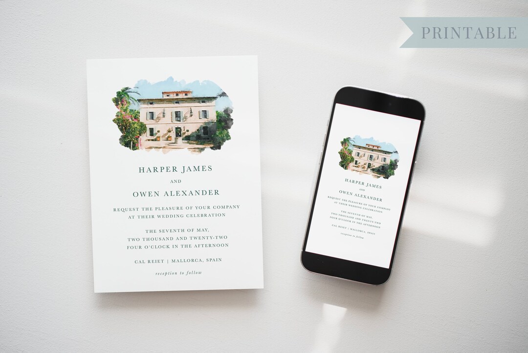 DIGITAL 1 Piece Wedding Invitation Suite, Custom Watercolor Wedding ...