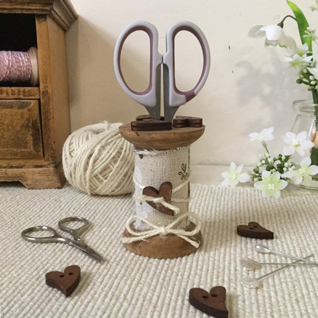 Cotton Reel Scissor Holder With Scissors / Rustic Heart Design - Etsy