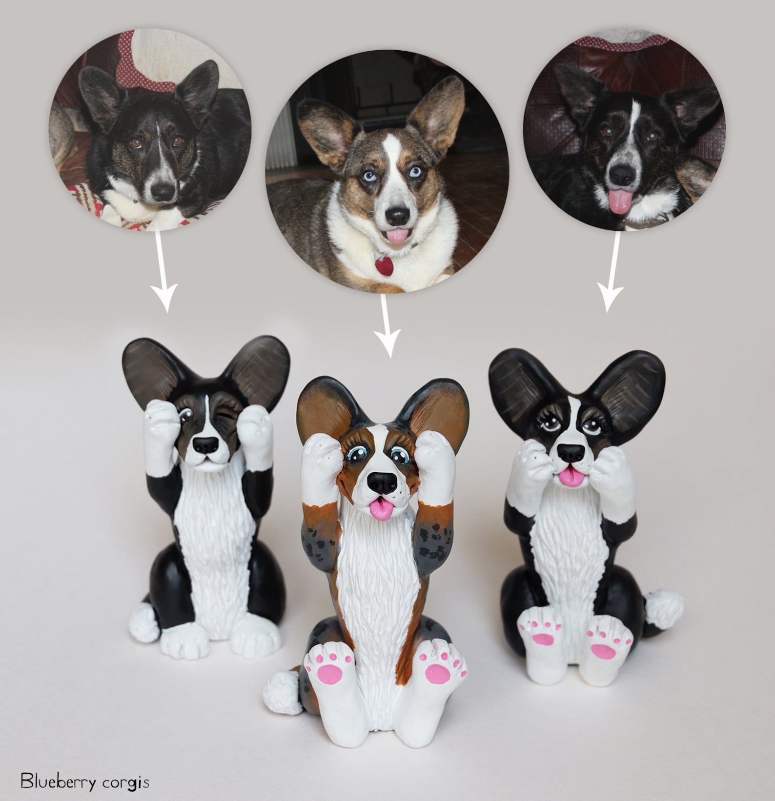 Three Welsh Corgi Figurines, Custom Sculpted and Painted, Based on ...