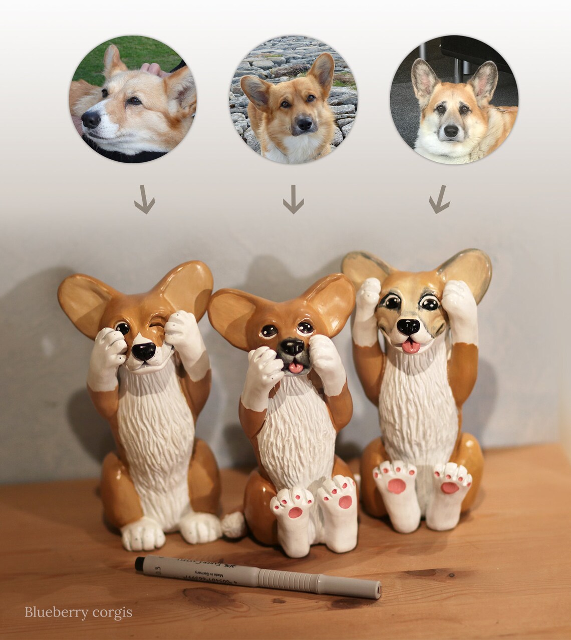 Three Welsh Corgi Figurines, Custom Sculpted and Painted, Based on ...
