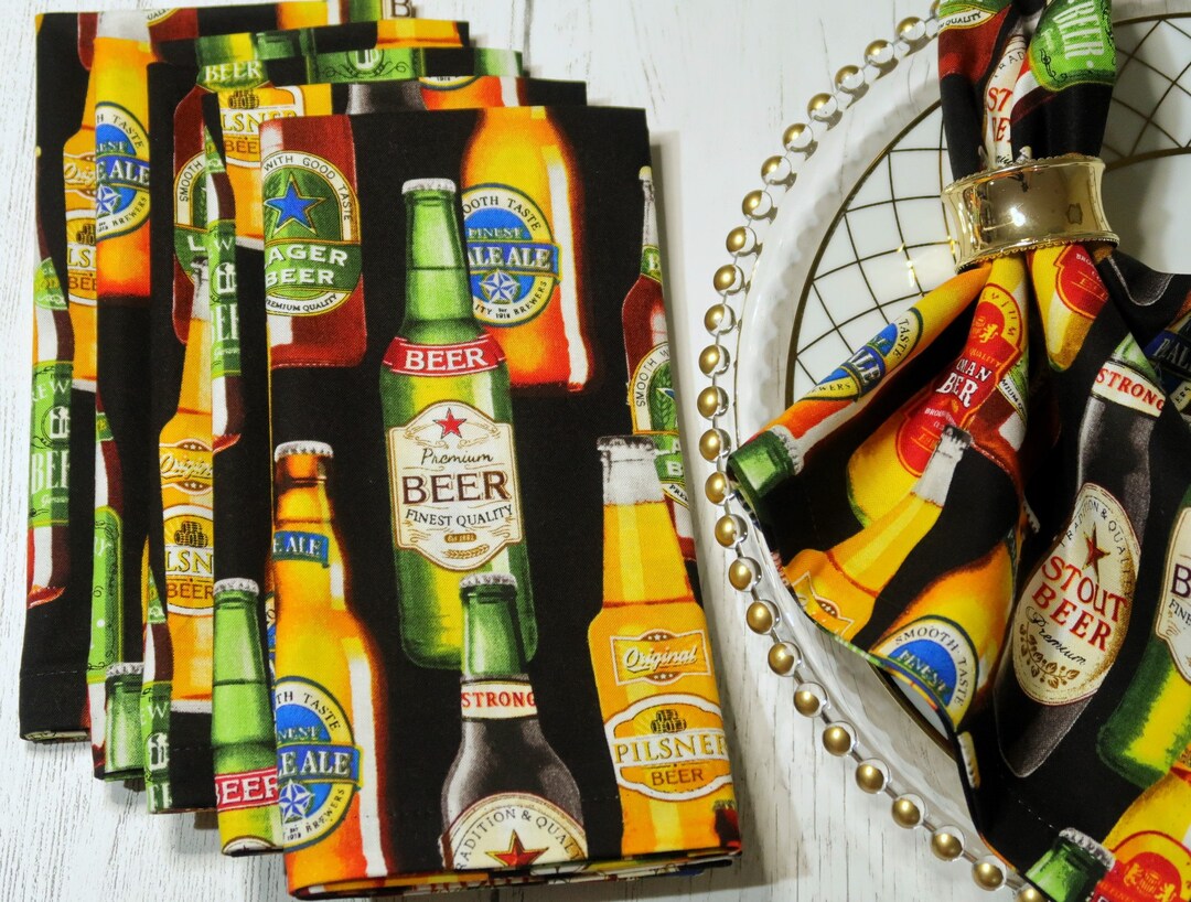 Beer Cotton Fabric Cloth Dinner Napkins Beer Bottles Brewery, Happy ...
