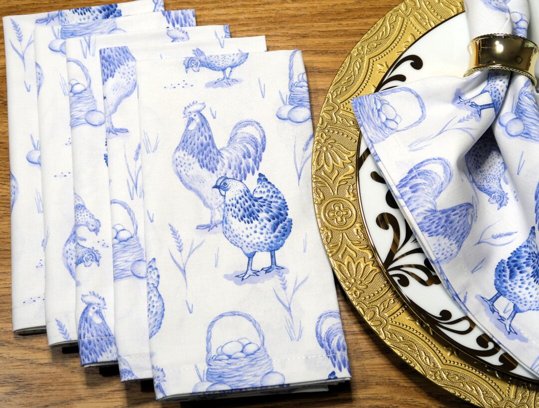 Chicken Toile Cotton Fabric Cloth Dinner Napkins - Blue Roosters ...