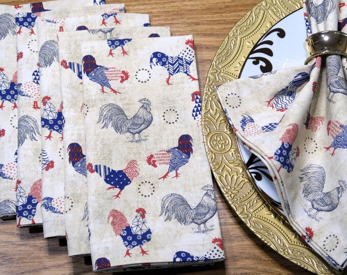 Roosters Cloth Dinner Napkins Patriotic Red White Blue 4th of July ...