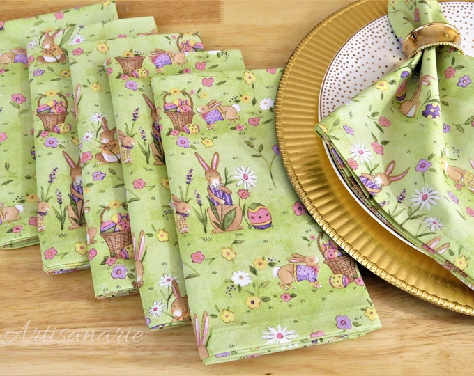 Easter Bunny Cloth Dinner Napkins - Easter Bunny and Flowers - Spring ...